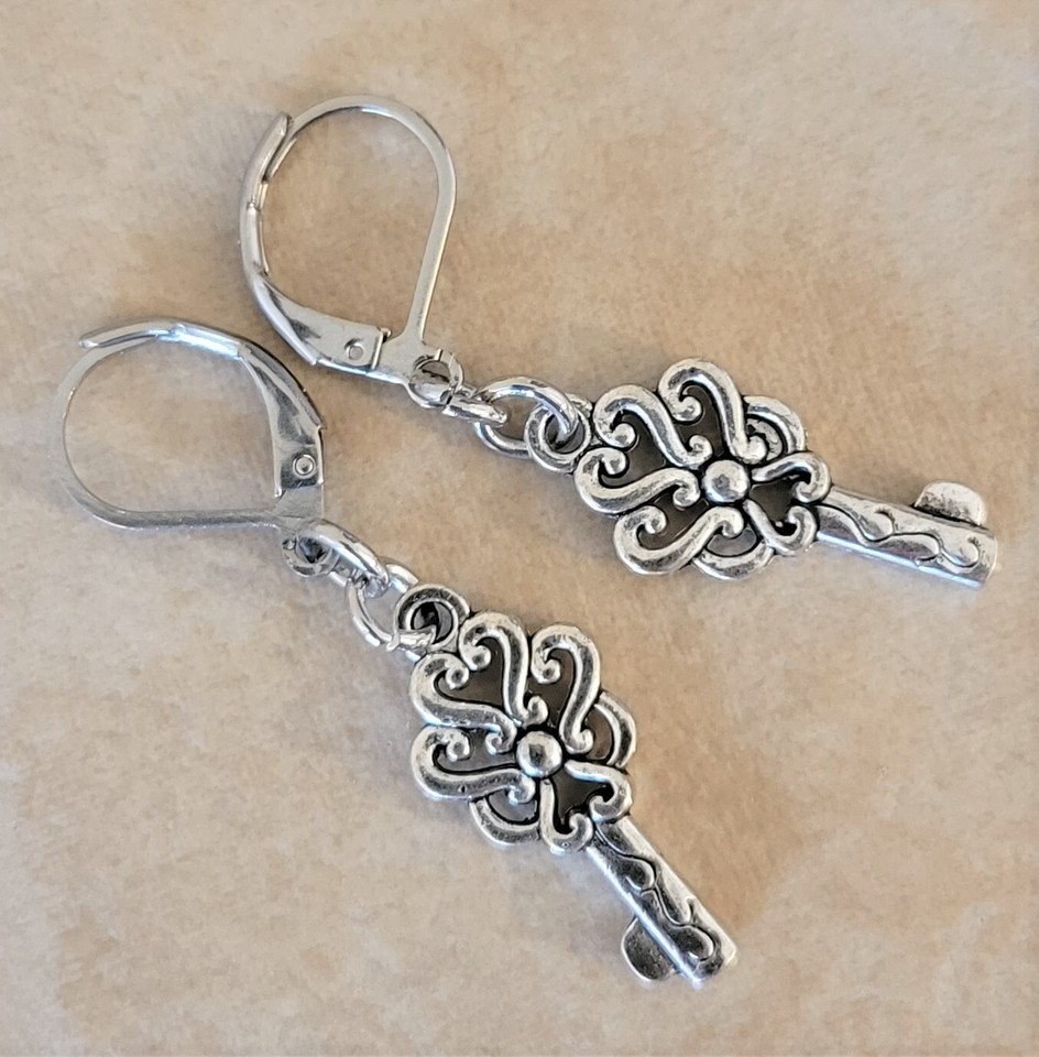 SKELETON KEY Charm Earrings Antiqued Silver Stainless Steel Leverback ...
