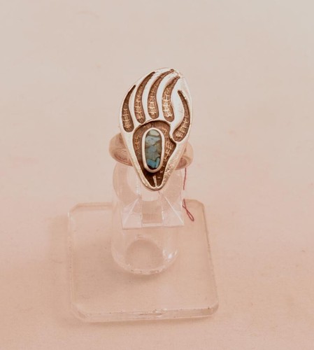 Hopi Overlay Bear Claw Ring Size 5 with Chip Turquoise Inlay ca. 1975 ...