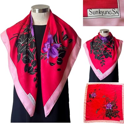 SUNKYUNG SA Deep Pink + Pale Pink Floral Silk Twill SCARF 88x88cm ...