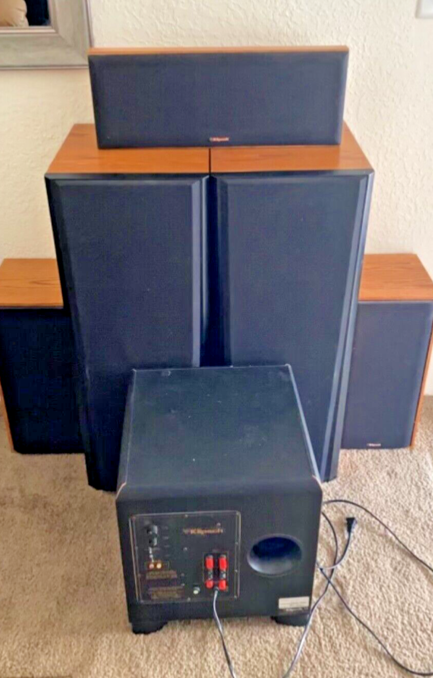 Klipsch speakers- two KG2.5, two epic-CF1, one KV3, all medium oak. One ...