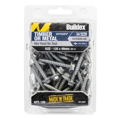 Buildex Timber Batten Zip ZA3 Hex Head No Seal Screws 12g x 40mm Bx100 100 Pack | eBay Australia
