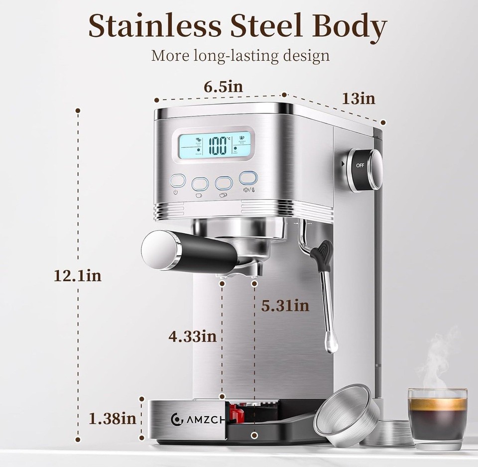 AMZCHEF 20 Bar Espresso Coffee Machine LCD Display Cappuccino Latte ...