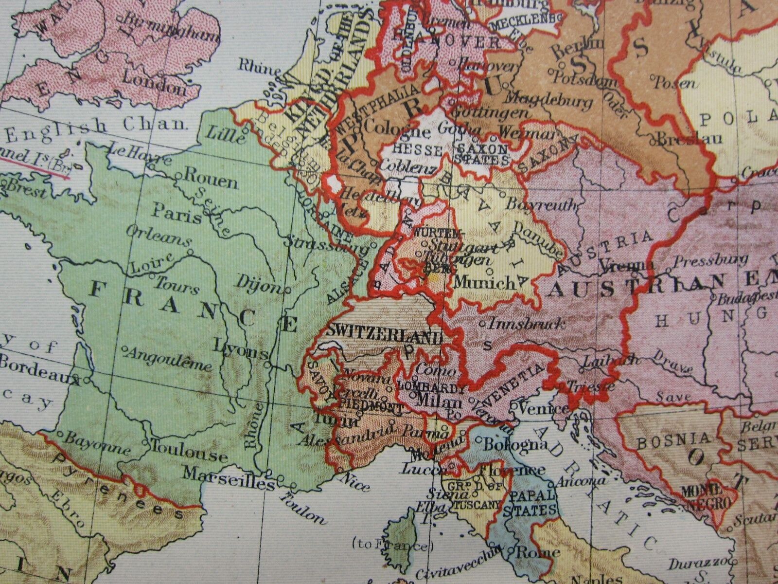 1911 MAP ~ EUROPE IN 1815 FRANCE AUSTIRAN EMPIRE DENMARK OTTOMON EMPIRE ...