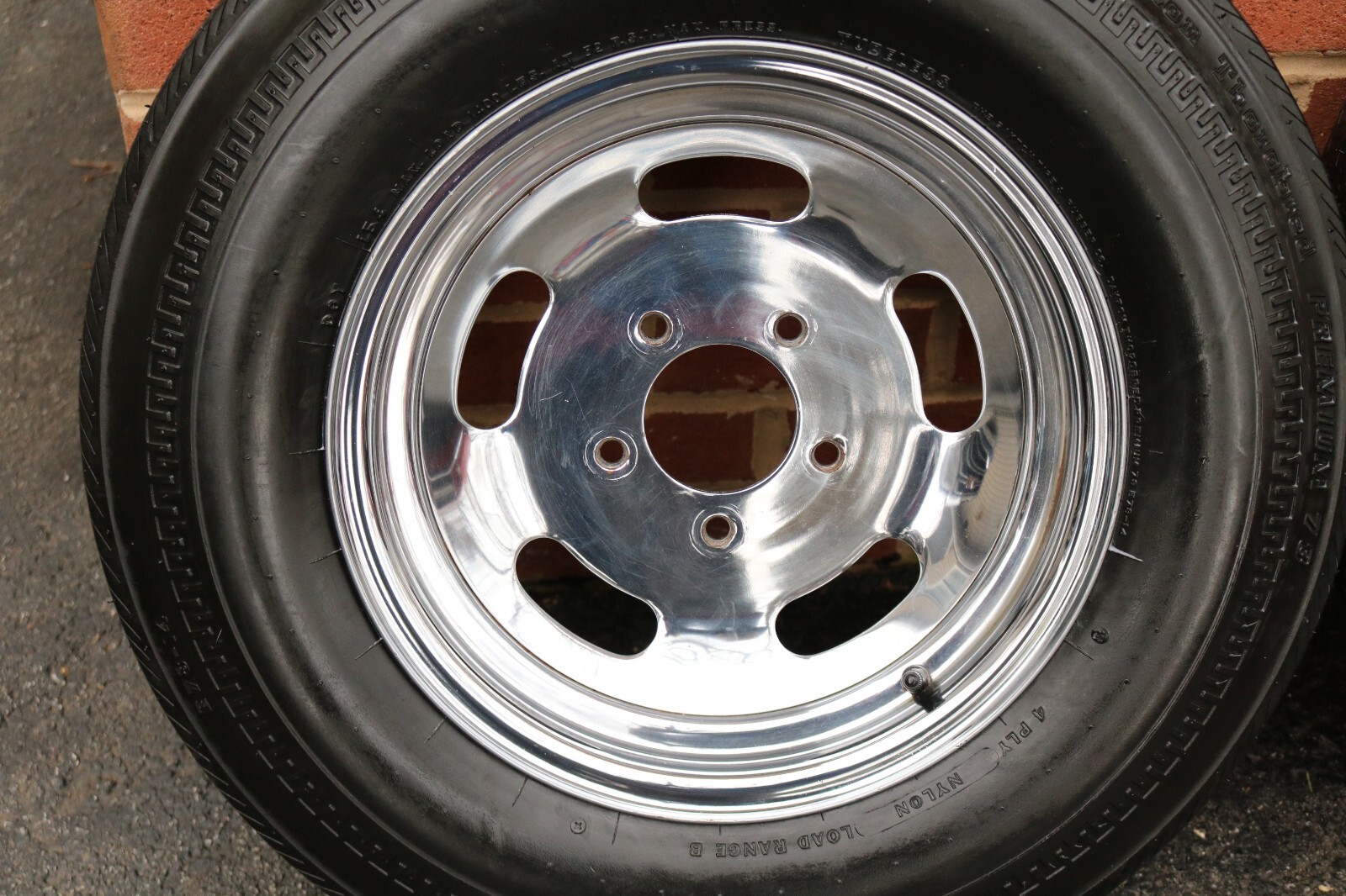 VINTAGE 14X6 CHROME SLOT WHEELS 5X4.75 BC NOS DAYTON E78-14 TIRES GM ...