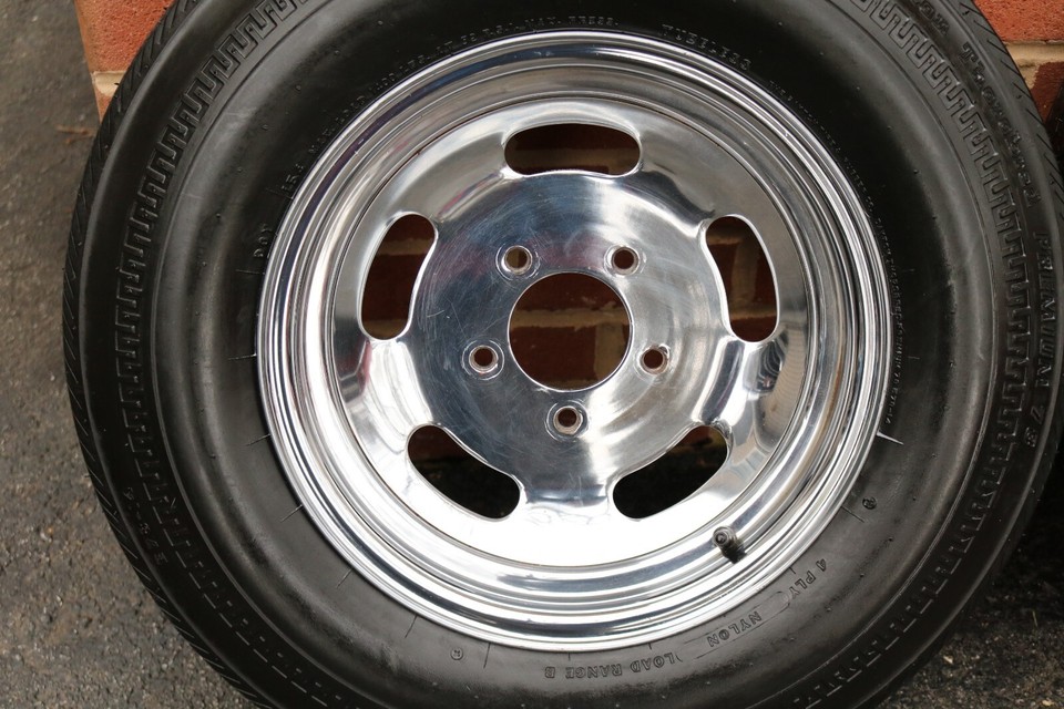 VINTAGE 14X6 CHROME SLOT WHEELS 5X4.75 BC NOS DAYTON E78-14 TIRES GM ...