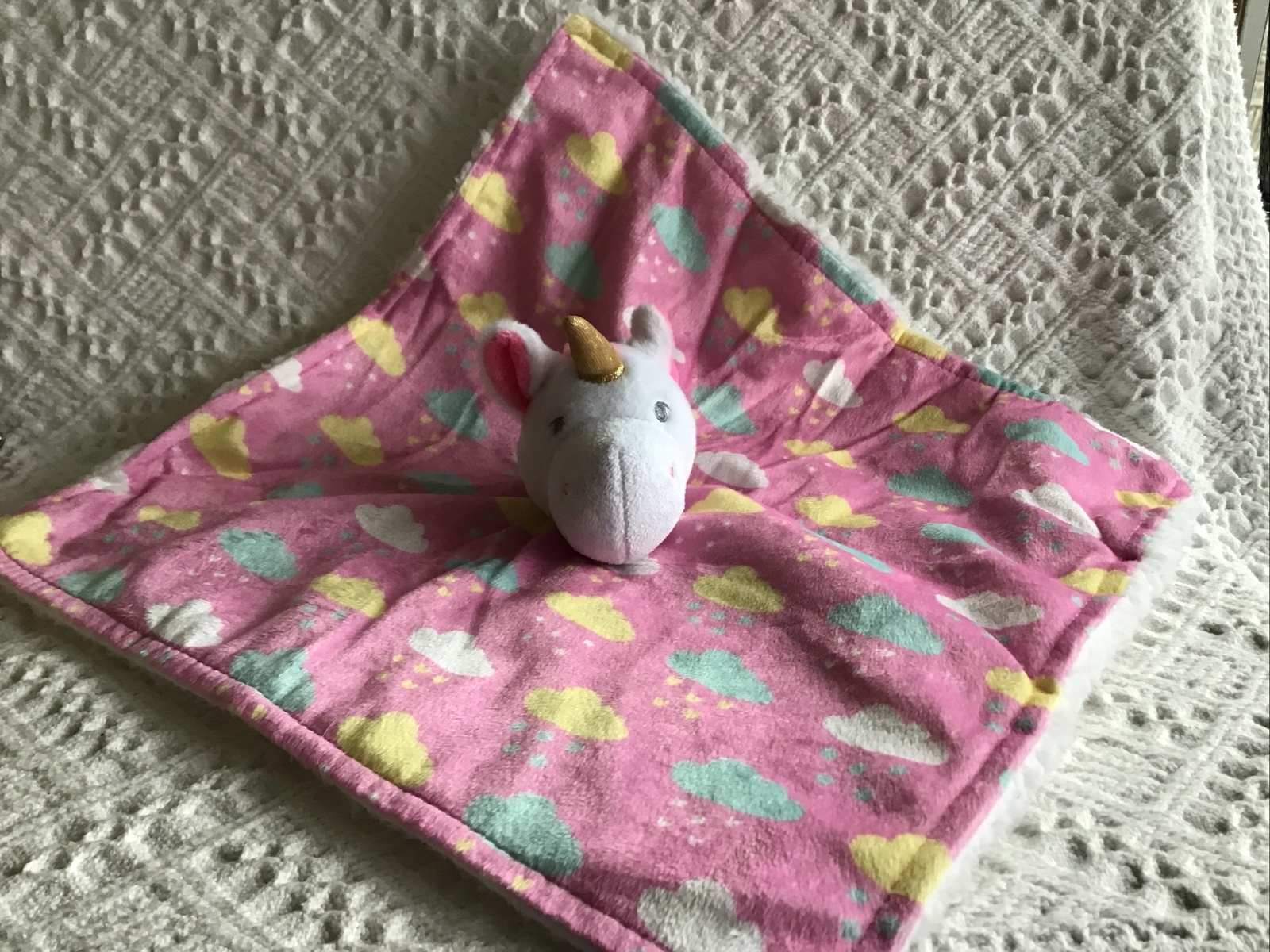 Tadpoles Pink Unicorn Lovey Security Clouds Hearts Stars 14” Gently ...