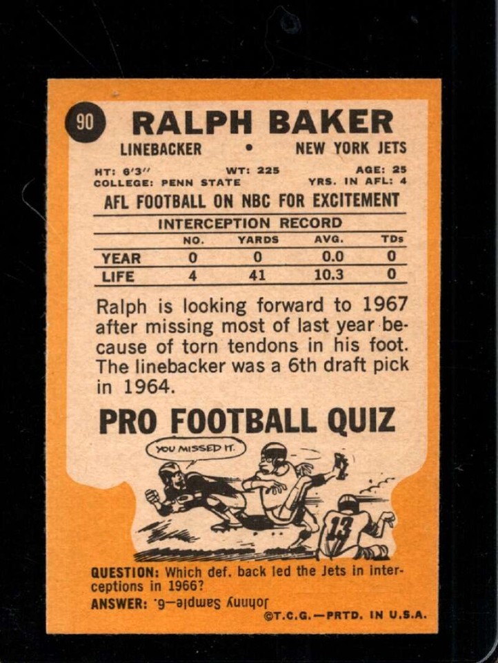 1967 TOPPS #90 RALPH BAKER EXMT NY JETS *X50231 | eBay
