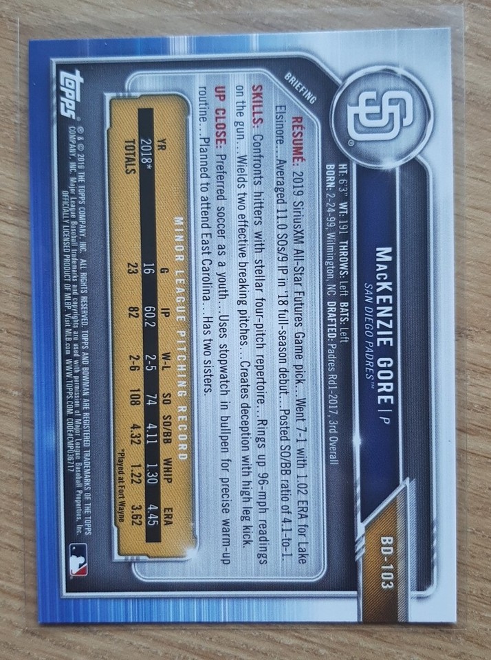2019 BOWMAN DRAFT MACKENZIE GORE #103 SAN DIEGO PADRES | eBay