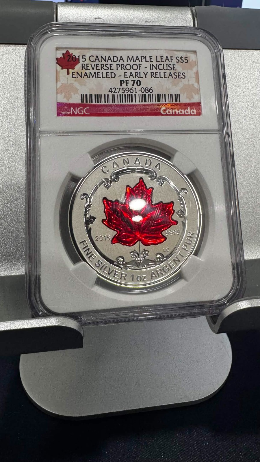 2015 CANADIAN MAPLE LEAF REVERSE PROOF INCUSE RED ENAMELED - NGC PF 70 ...