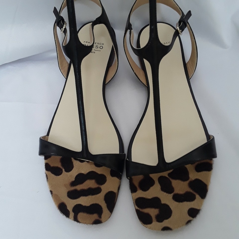 New FRANCESCO RUSSO $760 Black / Leopard Gladiator Flats Sandals Italy ...
