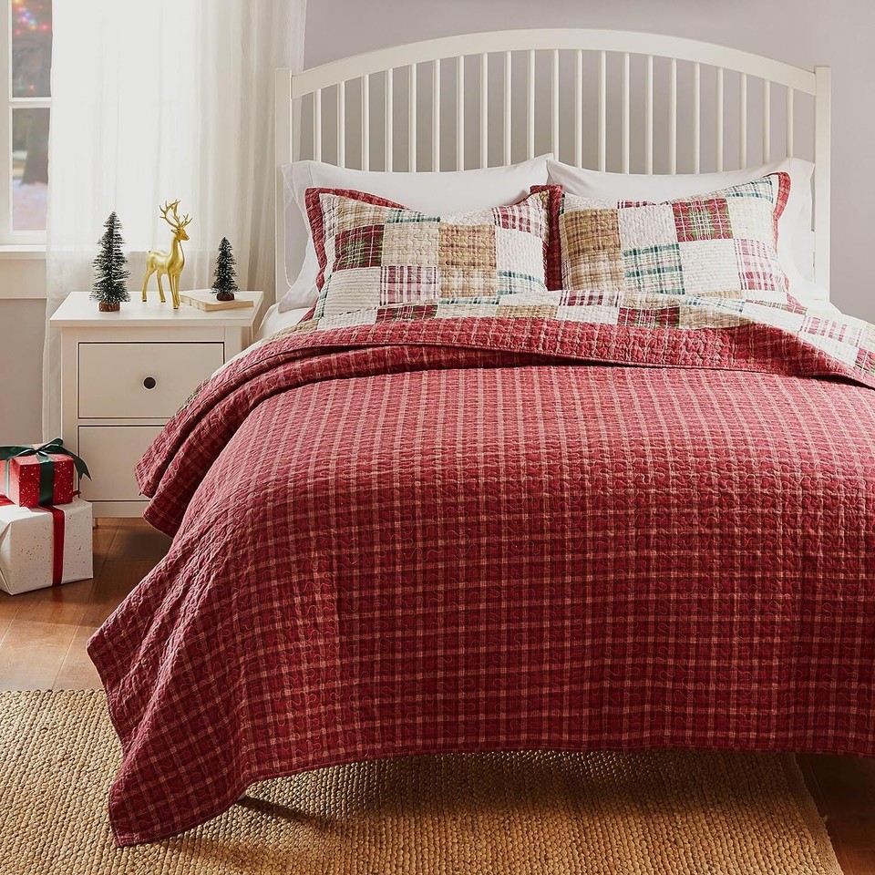 COUNTRY RED PLAID QUILT SET : FARMHOUSE OXFORD STRIPE GREEN MADRAS ...
