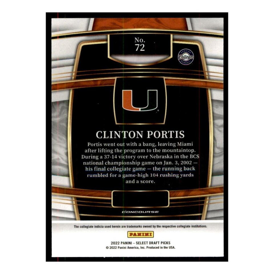 2022 Panini Select Draft Picks #72 Clinton Portis Miami Hurricanes ...