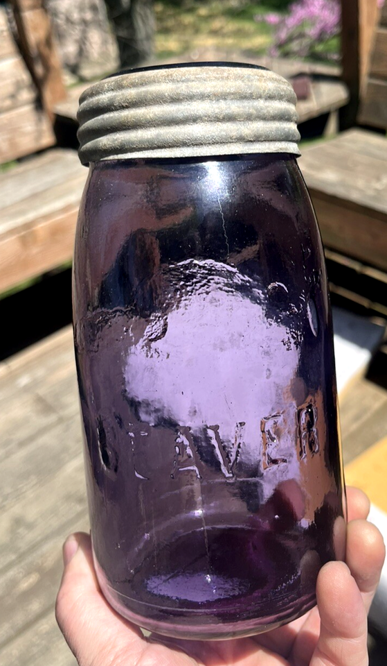 NICE AMETHYST COLORED PICTURED BEAVER FRUIT JAR W/LID QUART 1890s ERA ...