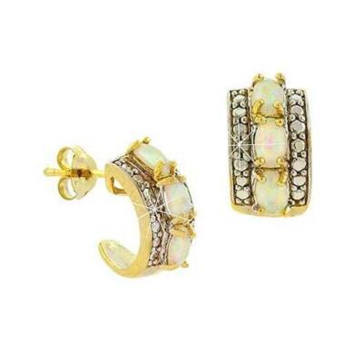 18K or Sur 925 Argent Blanc Opale & Diamant Accent Demi Boucle Oreilles ...