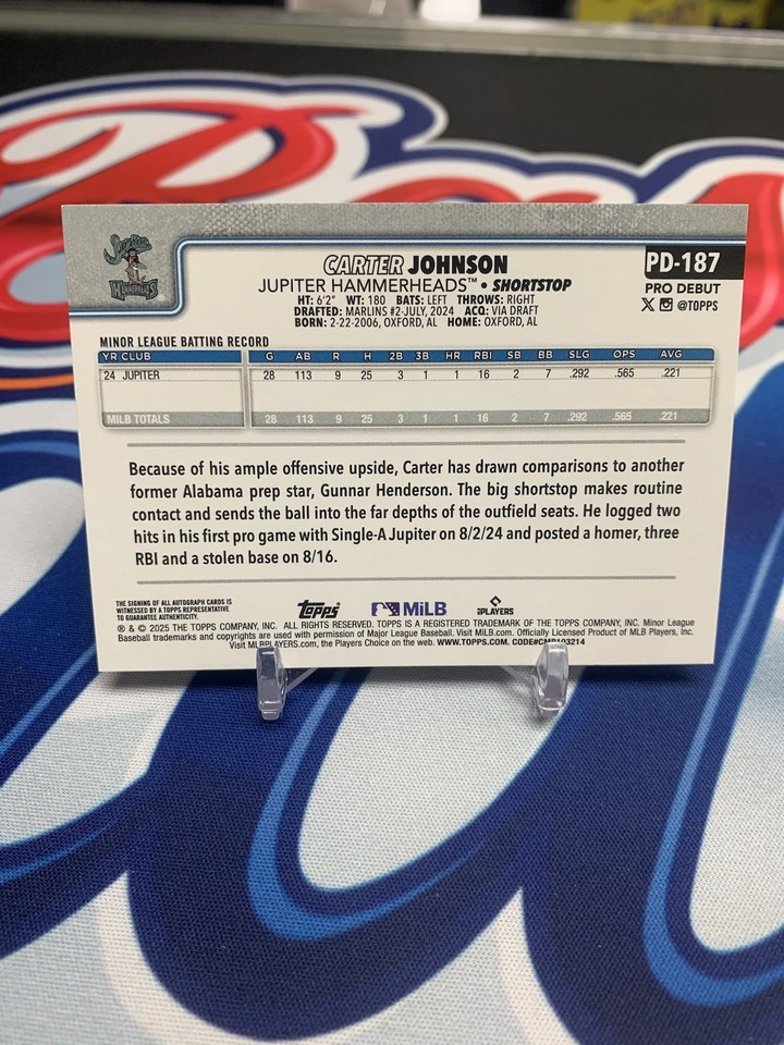 Carter Johnson 2025 Topps Pro Debut Autographed Card PD-187 | eBay