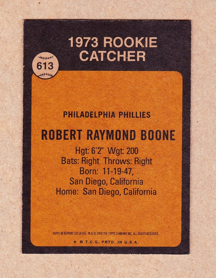 Bob Boone signed2001 Topps Archives Rookie Reprint card#232 ...