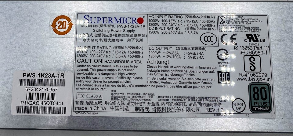 Supermicro PWS-1K23A-1R 1200W 1U Redundant Power Supply 80 Plus ...