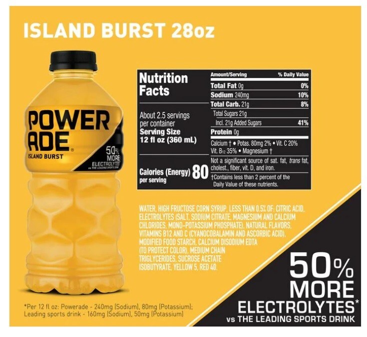 Powerade ISLAND BURST Sports Drink 28 oz Bottle Hydrate Vitamin C+B12 ...