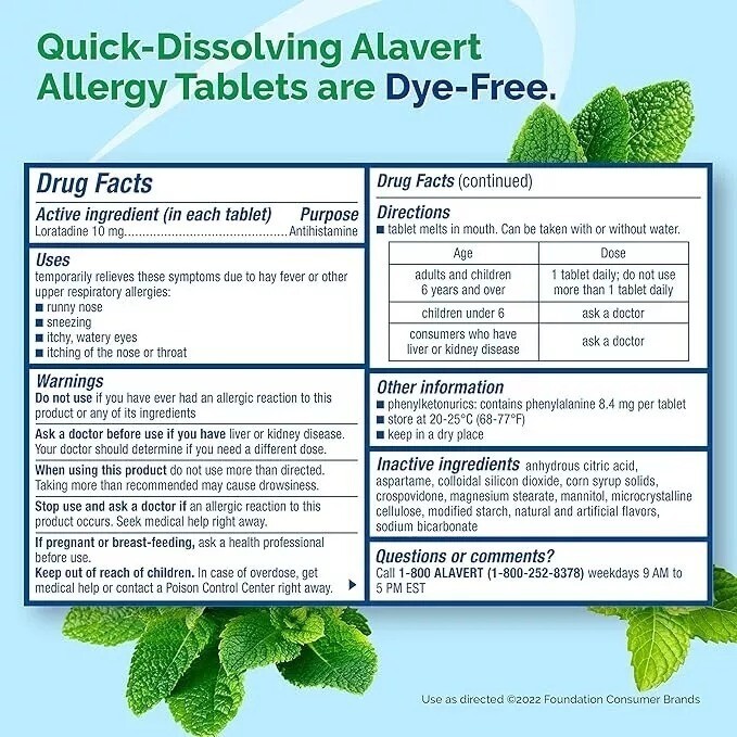 Alavert Allergy 24 Hour Relief, Fresh Mint Flavor, Orally ...