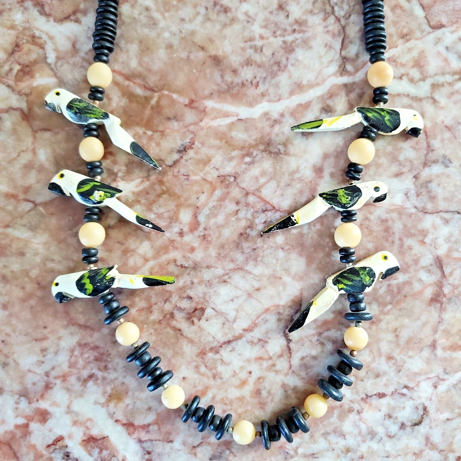Vintage Tropical Hand Carved Wood Parrots and Beads B… - Gem