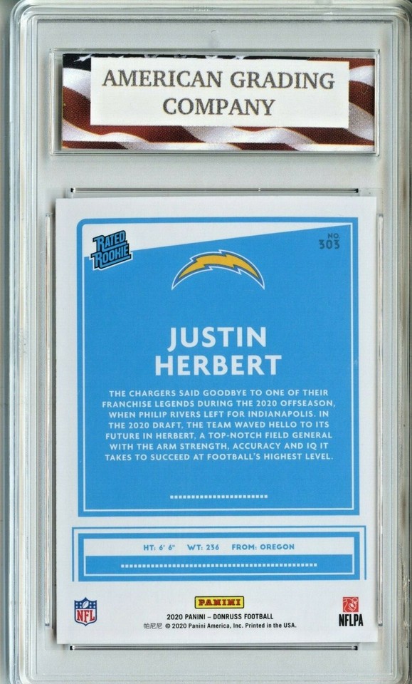 2020 Donruss Red Press Proof #303 Justin Herbert Rookie Card AGC 10 Gem ...