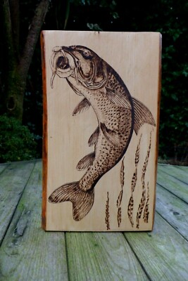 Wooden wall art with fish barbel design handcrafted pyrography fishing ...