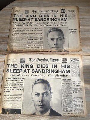 London Evening News Newspapers - Feb 6th 1952 King George VI - Extra ...