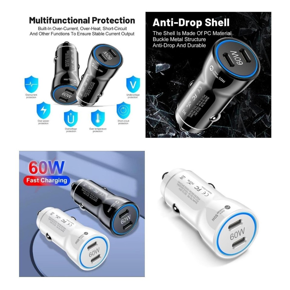 Dual Port Car Charger 60W USB C PD 30W Quick Charge Adapter for Phone ...