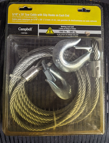 5/16" x 25 ft Wire Rope Tow Cable with Thimble Loops and Hooks ...