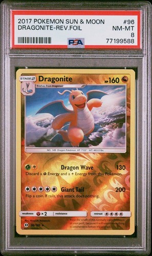PSA 8 NM-MT Pokemon Sun & Moon Base Set #96 Dragonite Reverse Holo Rev ...