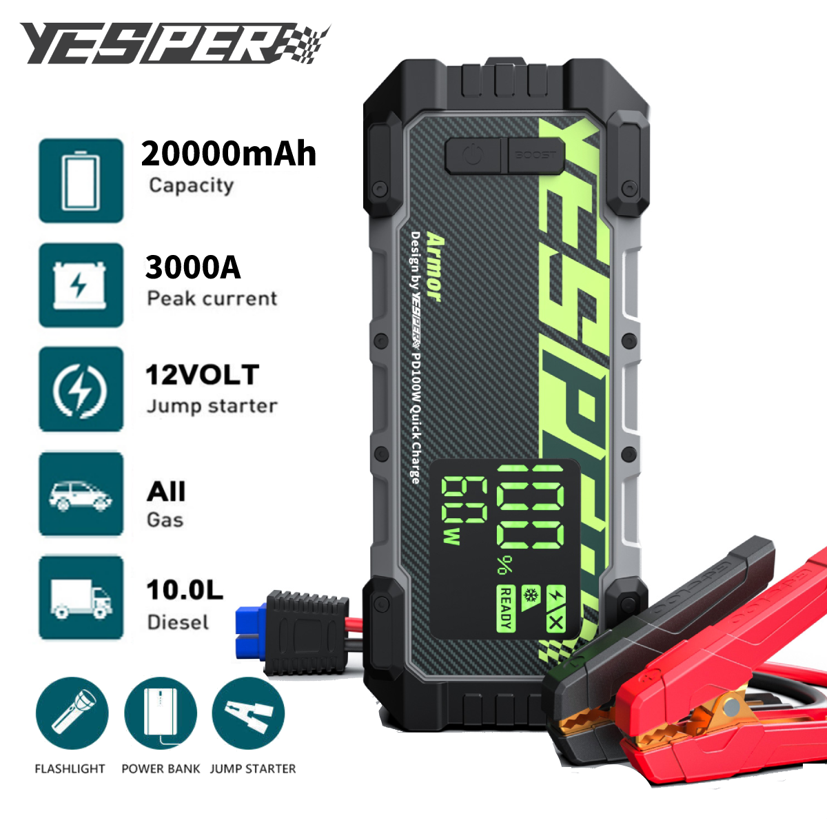 YESPER Jump Starter Battery Pack 12V Car Battery Emergency Booster Box ...