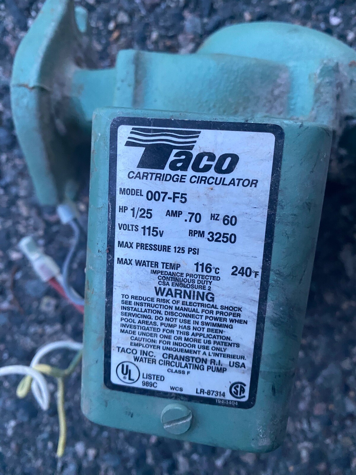 TACO 007-F5 Cartridge Circulator 1/25HP .70Amp 60HZ 115Volts 3250RPM | eBay