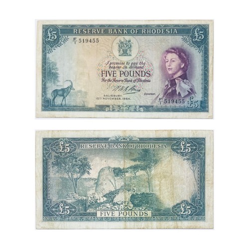 1964 RHODESIA OLD 5 RHODESIAN POUNDS BANKNOTE QUEEN ELIZABETH II ...