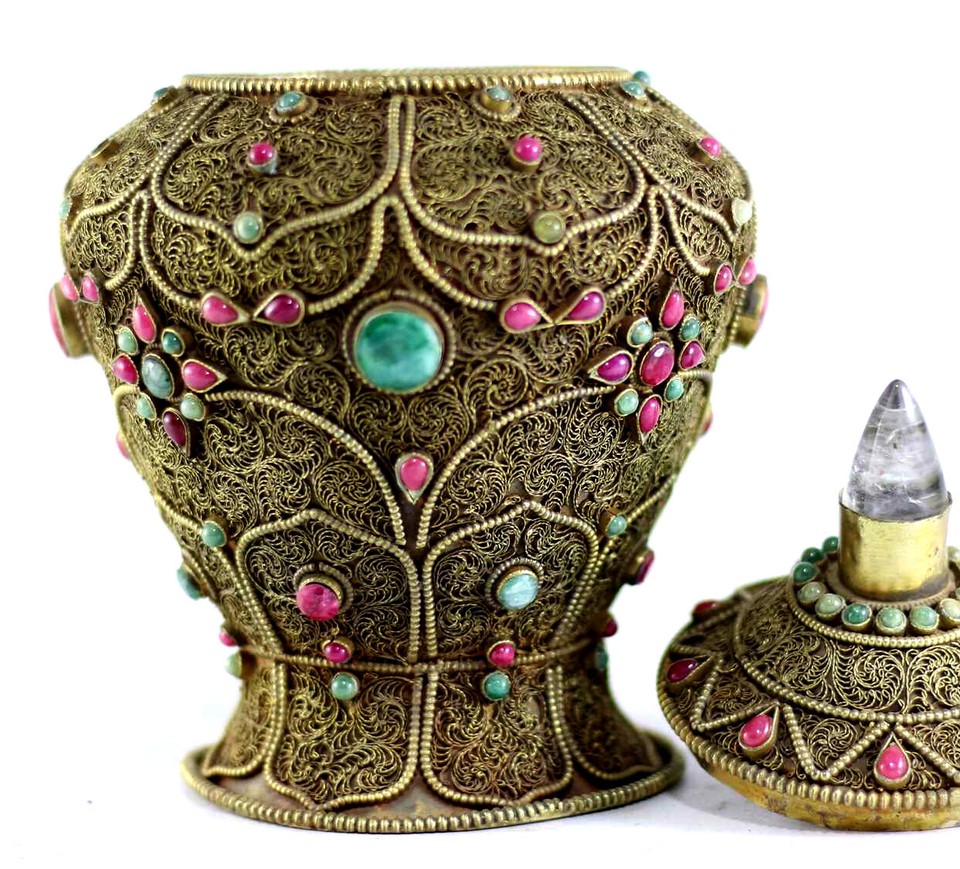 Filigree Full Gold Plated Tibetan Copper Gulpa Jar Buddhist Nepal ...