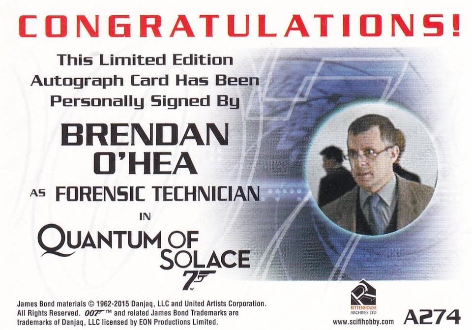 James Bond Autograph Card A274 Brendan O'Hea as Forensic Technician | eBay