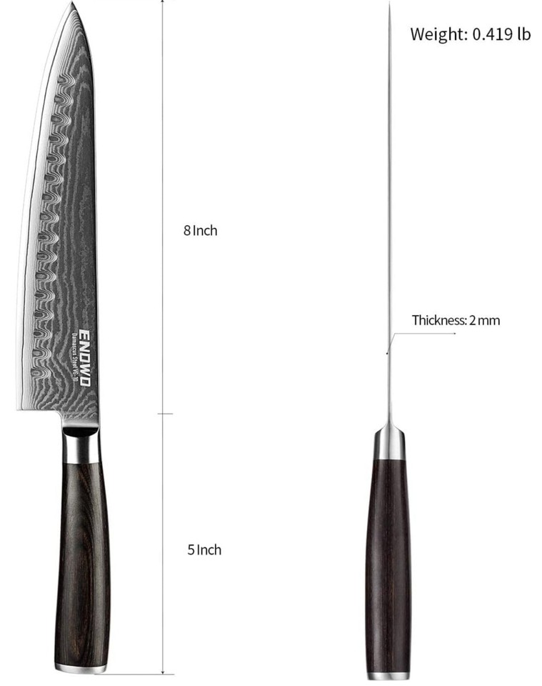 Enowo Damascus Chef Knife 8 Inch with Clad Dimple,Razor Sharp Kitchen ...