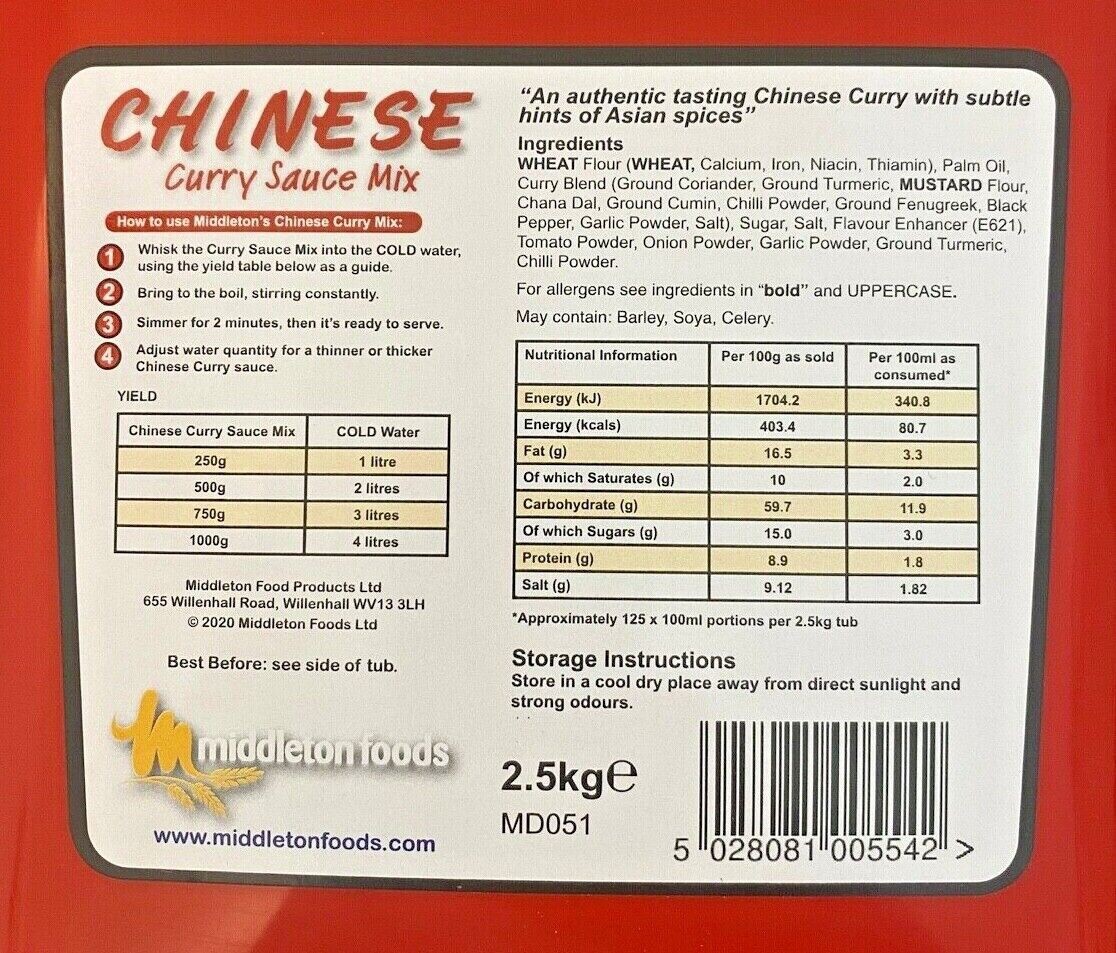 Middleton Foods Chinese Stlye Curry Sauce Mix 2.5kg Red Tub Takeaway ...