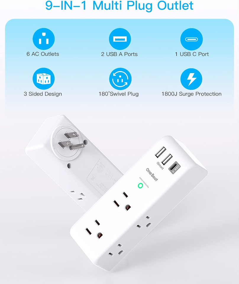 Power Strip Surge Protector Outlet Extender - with Rotating Plug, 6 AC Multi Plu | eBay