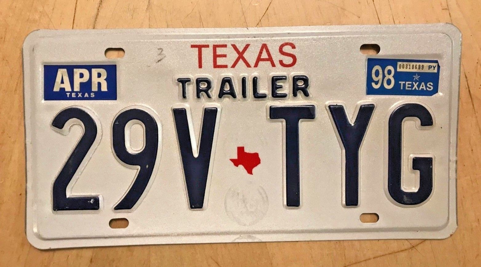 1998 TEXAS TRAILER TRL TRLR LICENSE PLATE " 29 V TYG " TX 98 | eBay