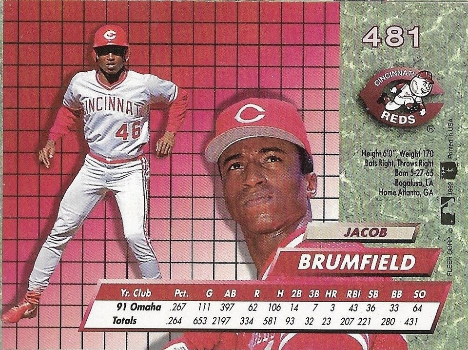 1992 Fleer Ultra Rookie Jacob Brumfield 481 Cincinnati Reds Baseball ...