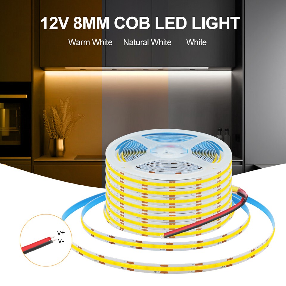 COB LED Strip Light Flexible Tape Lights Home DIY Lighting Cold White ...