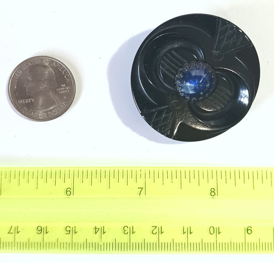 Vintage 1.75" Carved Black Bakelite Button w/ Faceted Dark Blue Stone ...