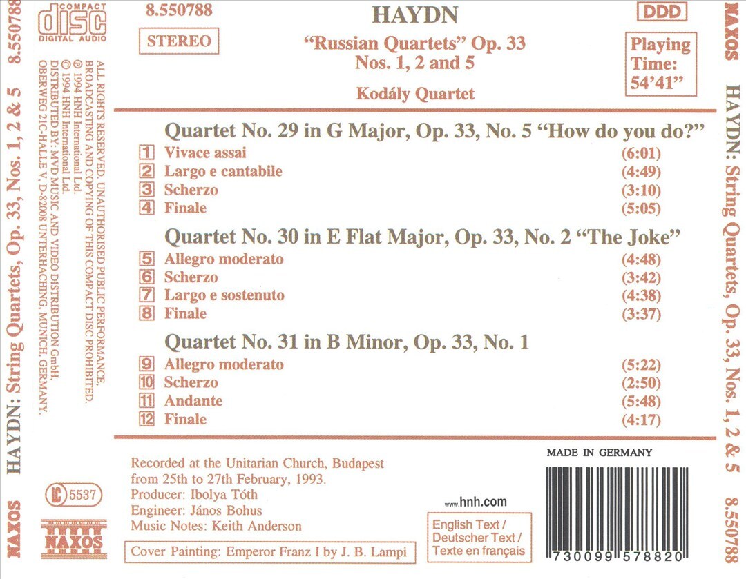 KODALY QUARTET HAYDN: STRING QUARTETS, OP. 33 "RUSSIAN", NO. 1, NO. 2 ...
