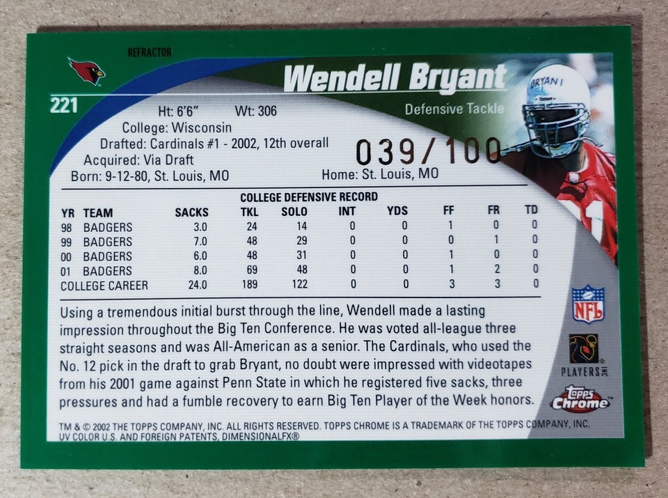 2002 Topps Chrome Refractor Wendell Bryant Rookie /100 Arizona ...