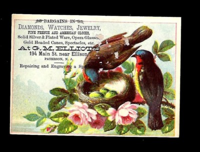 c1890's Victorian Trade Card G.M. Elliot's Jewlers, Birds Nesting, Eggs ...