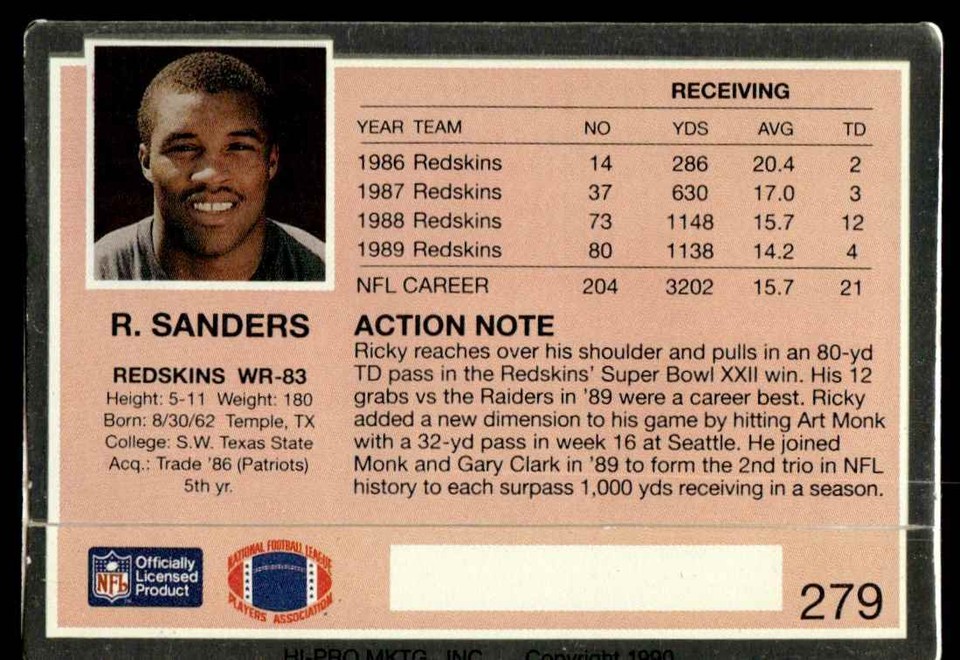 1990 Action Packed Ricky Sanders Washington Redskins #279 | eBay