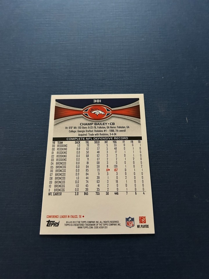 2012 Topps Football Champ Bailey #381 HOF Factory Set Break NM-MT | eBay