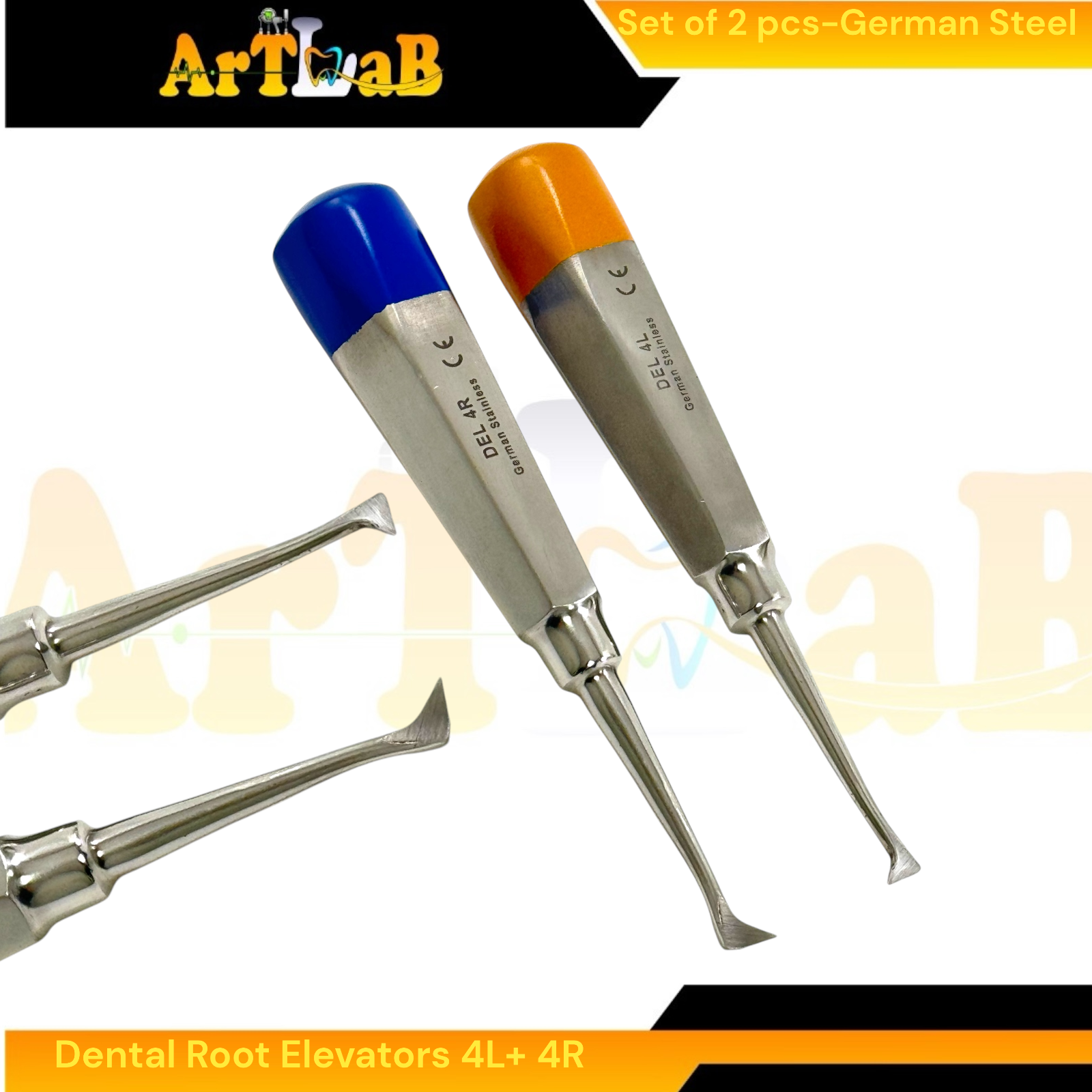 Set of 2 Dental Root Cryer Elevators #4L + #4R with Color-Coded Handle ...