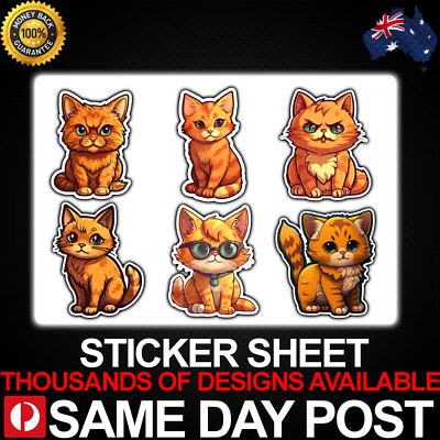 CUTE GINGER CATS Vinyl Sticker Sheet Car Decal Cheap Animal Pet Kitten ...