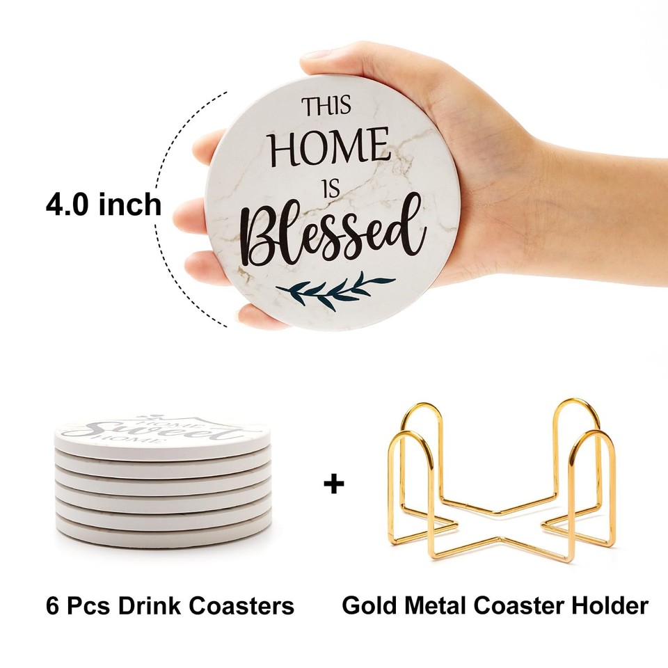 Set of 6 Ceramic Coasters with Holder – Farmhouse Marble Drink Coasters ...